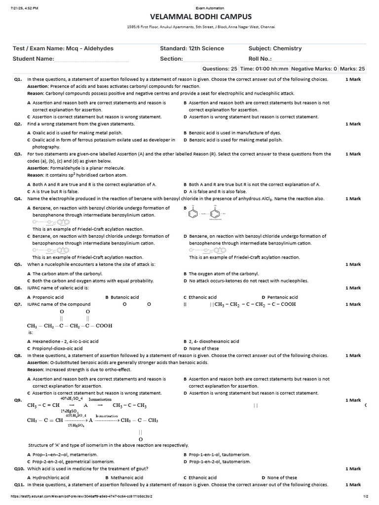 Aldehydes MCQ Worksheet Question | PDF | Chemical Reactions | Acid