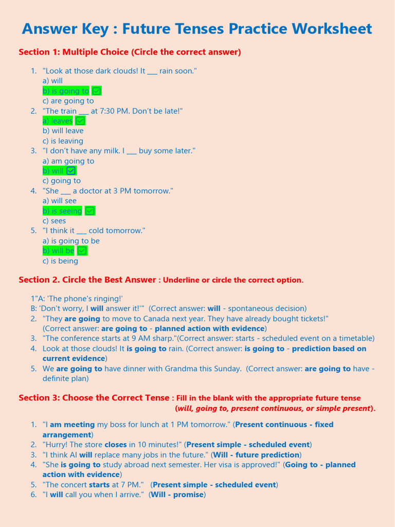 Answer Key Future Tenses Practice Worksheet | PDF