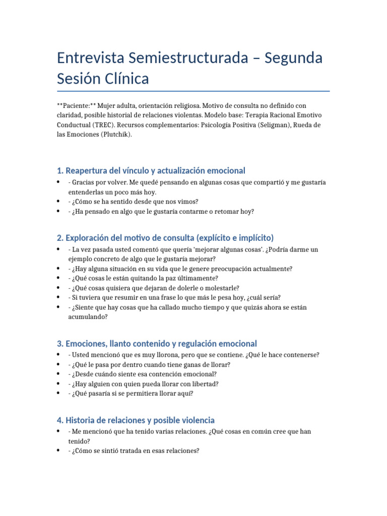 Entrevista Semiestructurada Clinica Millo | PDF | Las emociones | Terapia racional de ...