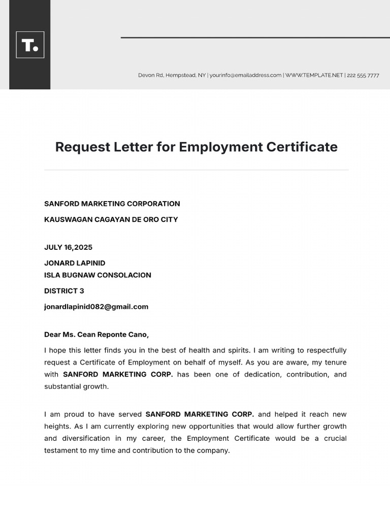 Request Letter For Employment Certificate Template | PDF