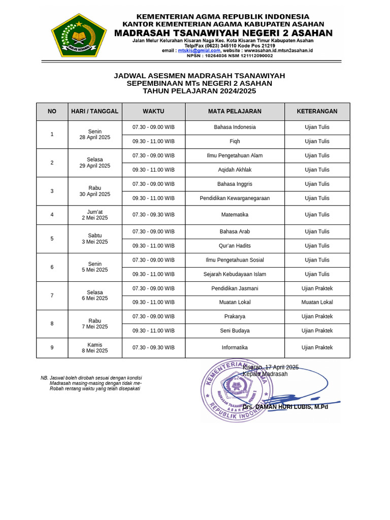 Jadwal Asesmen MTs 2025 Asahan | PDF
