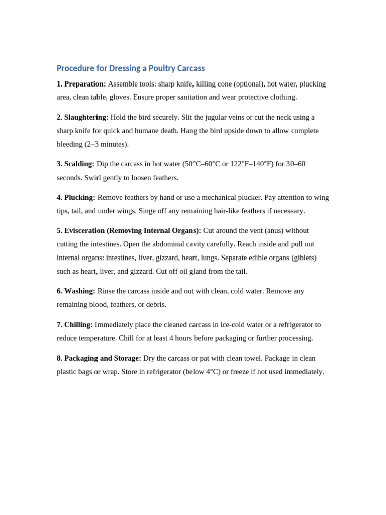 Procedure For Dressing Poultry Carcass | PDF