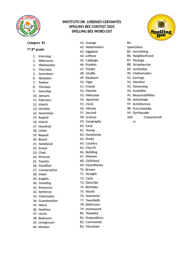 Spelling Bee Word List 2025 for Grades 7-8 | PDF | Chess Openings | Chess
