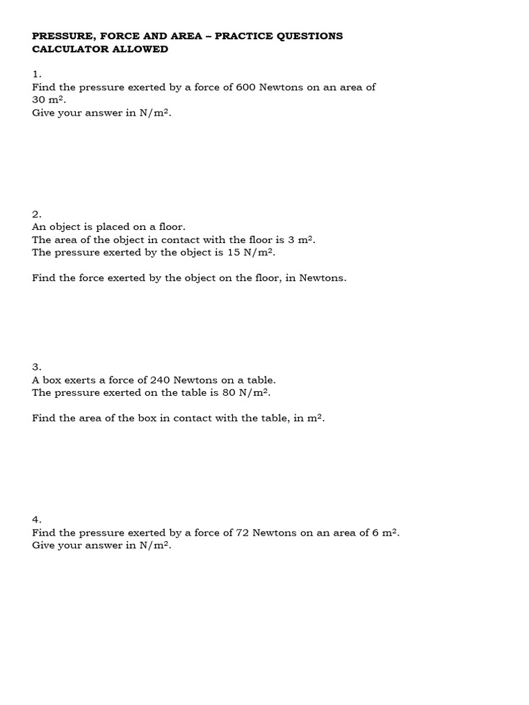 Pressure Force Area | PDF | Force | Pascal (Unit)
