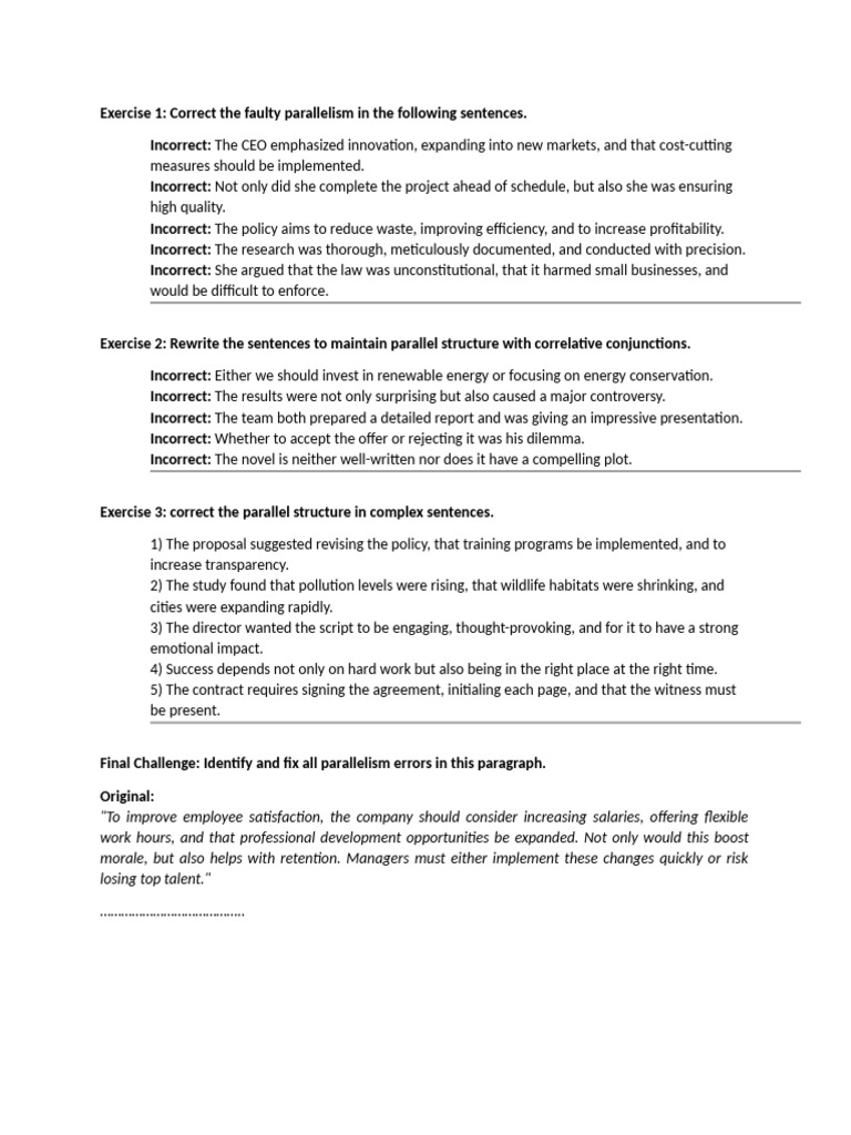 Exercise On Parallelism | PDF | Adjective | Verb