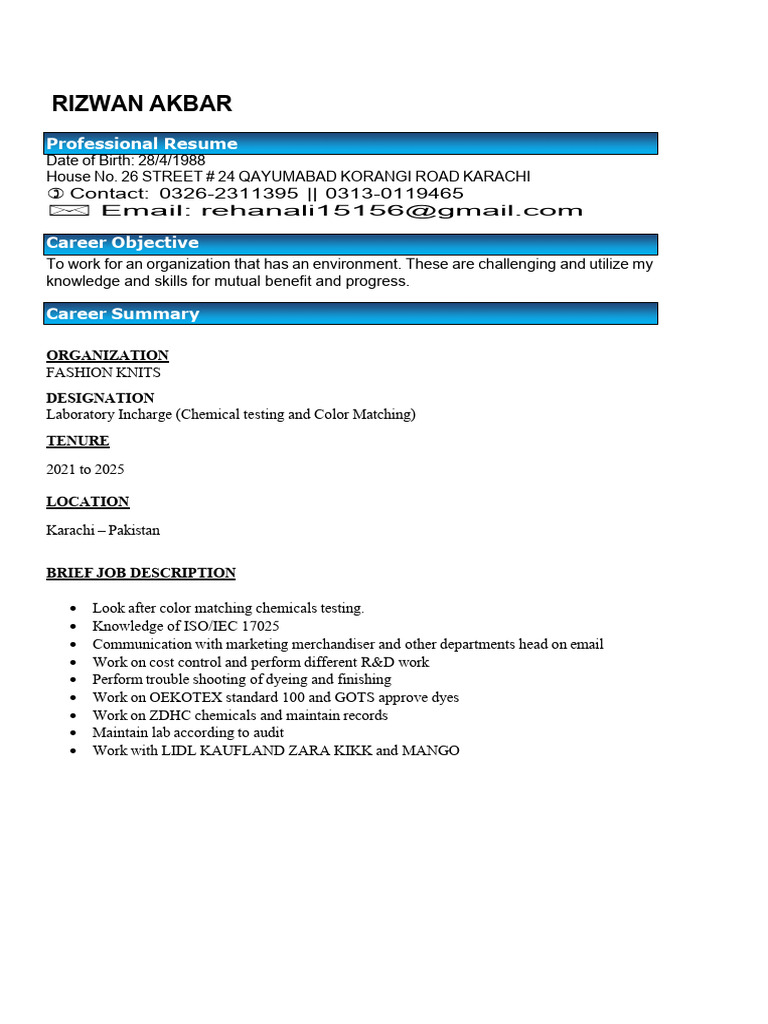 Rizwan Akbar Updated CV (2) 2 | PDF | Dyeing | Textiles