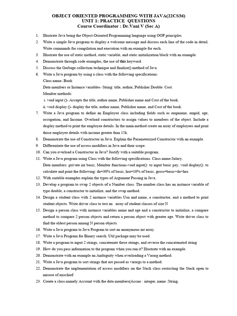 Unit 1 Practice Questions | PDF | Method (Computer Programming) | Constructor (Object Oriented ...