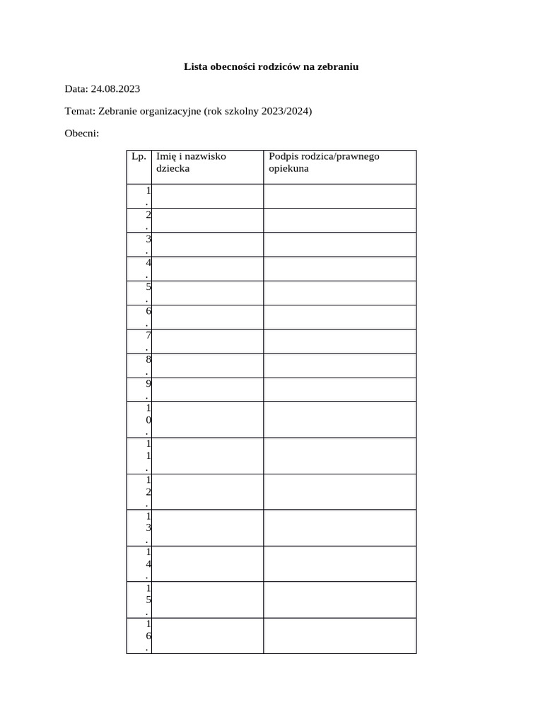 Lista Obecności | PDF