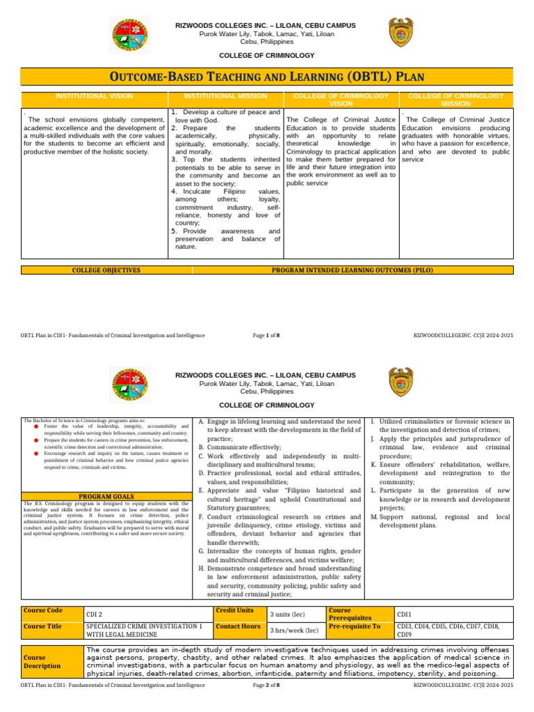 Obtl - Cdi 2 - Specialized Crime Investigation 1 With Legal Medicine | PDF | Crimes | Crime ...