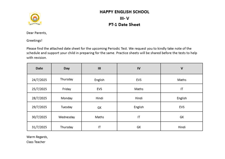 PT-1 Date Sheet for Classes III-V | PDF