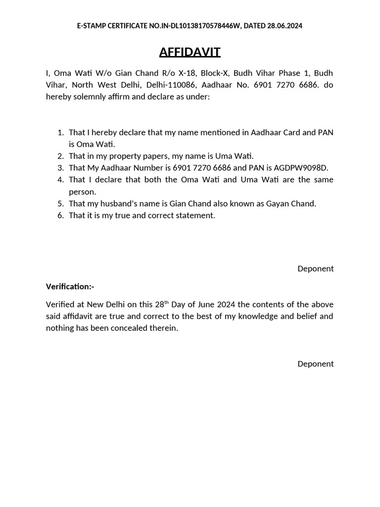 Name Declaration Affidavit | PDF