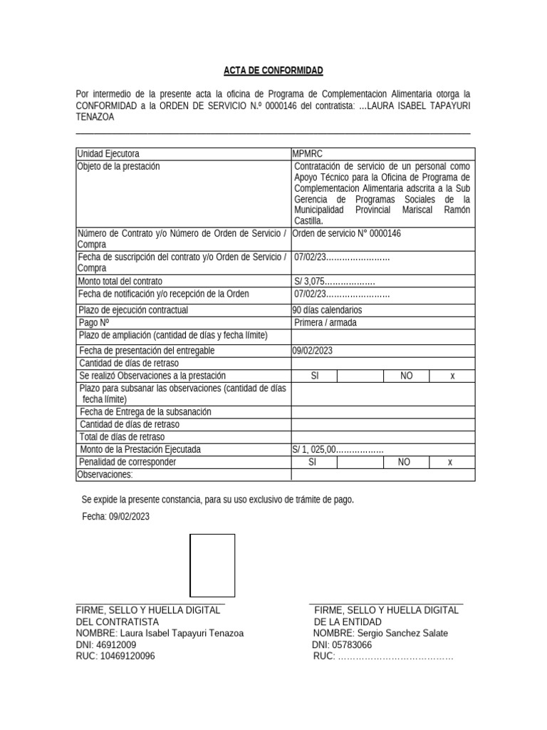 Acta de Conformidad de Laura | PDF