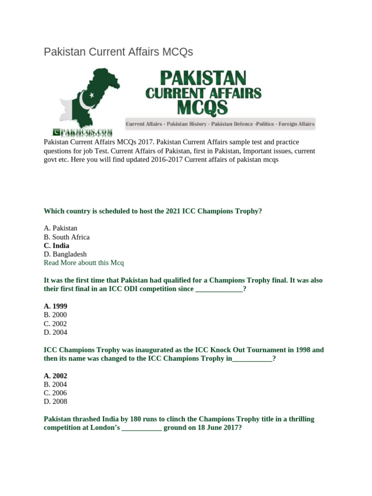 Pakistan Current Affairs MCQs | PDF | Indus River | Pakistan