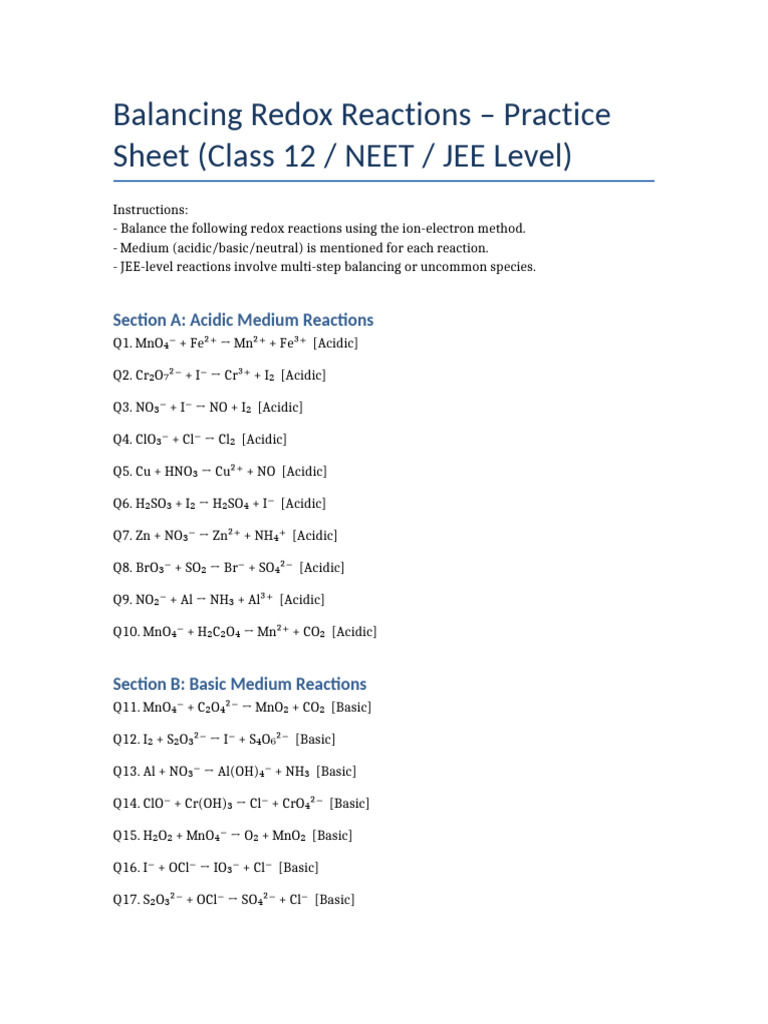 Redox Practice 20 Questions | PDF