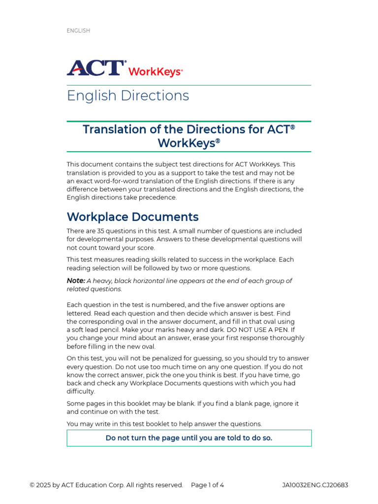 ACT WorkKeys Test Directions | PDF | Area | Volume