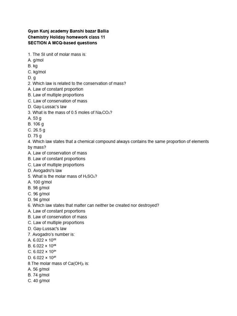 246 - Chemistry Holiday Homework 12422 | PDF | Mole (Unit) | Redox