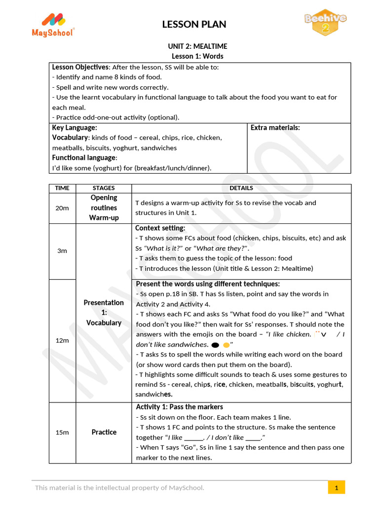 Mealtime Vocabulary Lesson Plan | PDF | Lunch | Meal