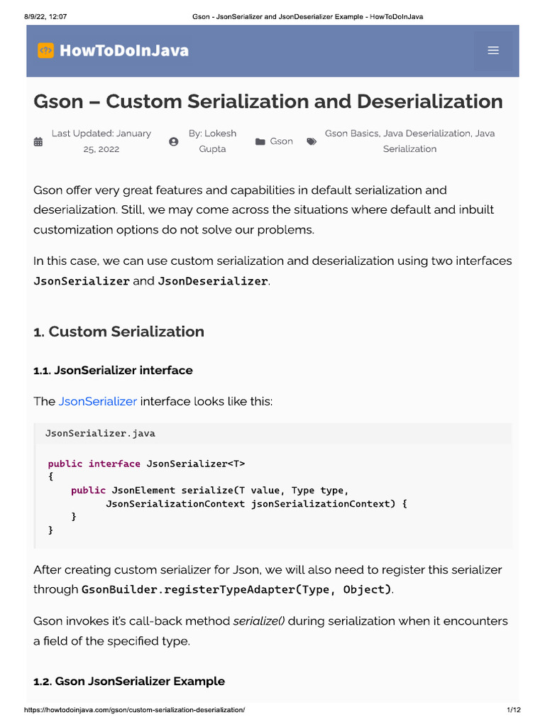 Gson - JsonSerializer and JsonDeserializer Example | PDF