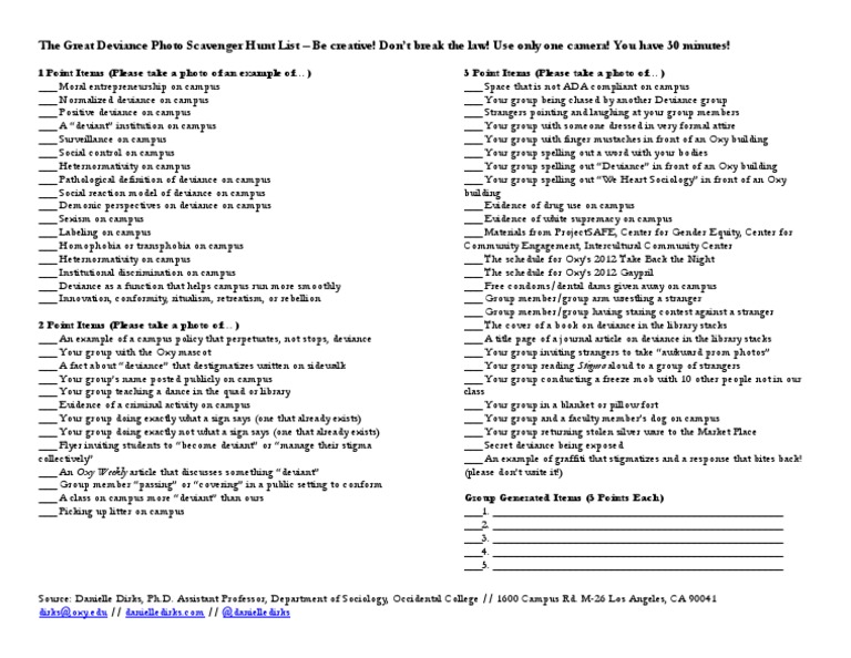 SOC260 The Great Deviance Photo Scavenger Hunt List | PDF | Deviance ...