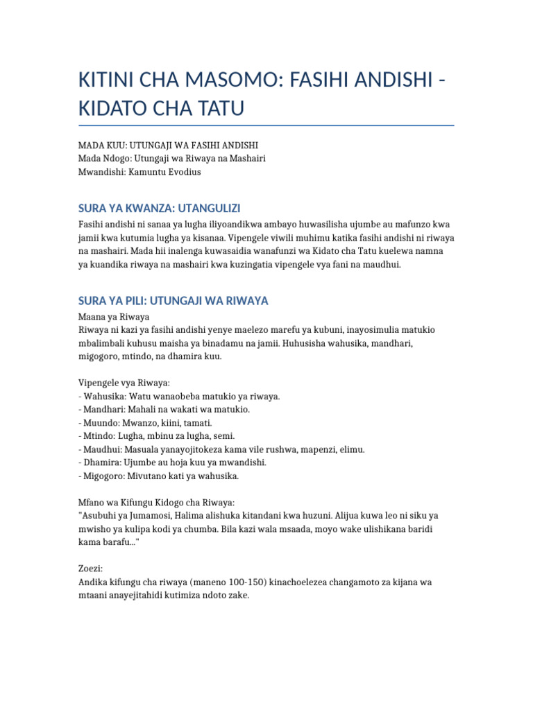 Kitini Utungaji Fasihi Kidato 3 Kamuntu Evodius Imesasishwa | PDF