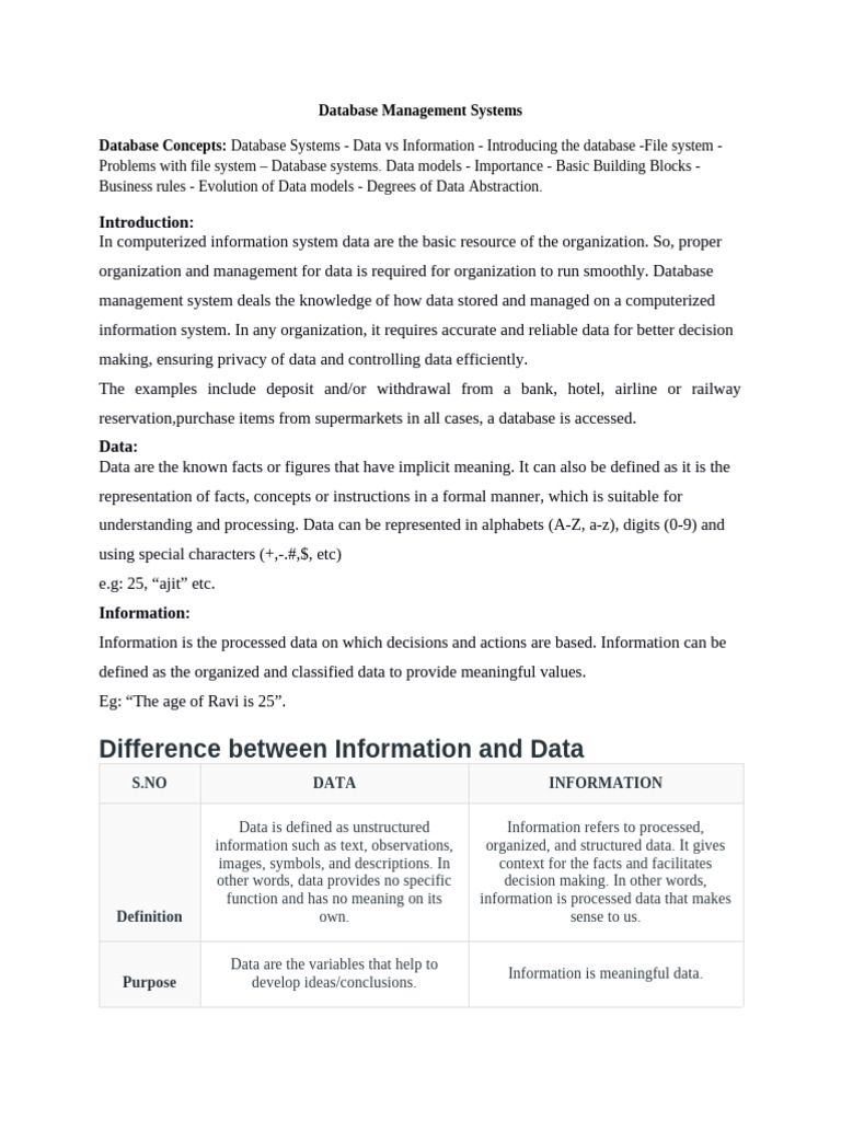 Database Management Systems UNIT 1 | PDF | Databases | Data