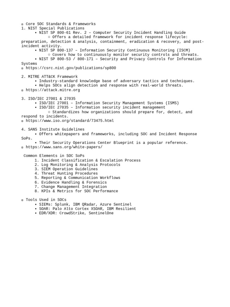 Core SOC Standards & Frameworks | PDF