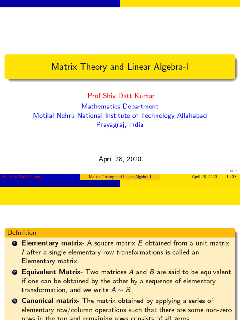 Lecture-1 Matrix Theory 28April2020-Merged | PDF | Matrix (Mathematics) | System Of Linear Equations