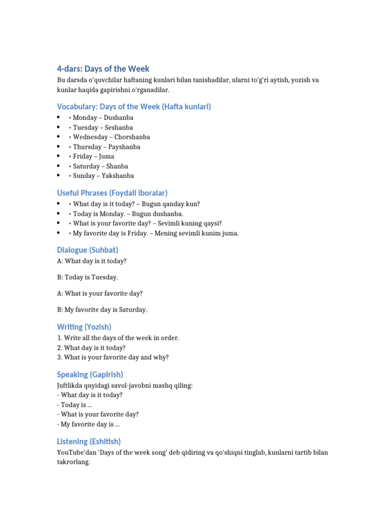 4-Dars Days of The Week | PDF