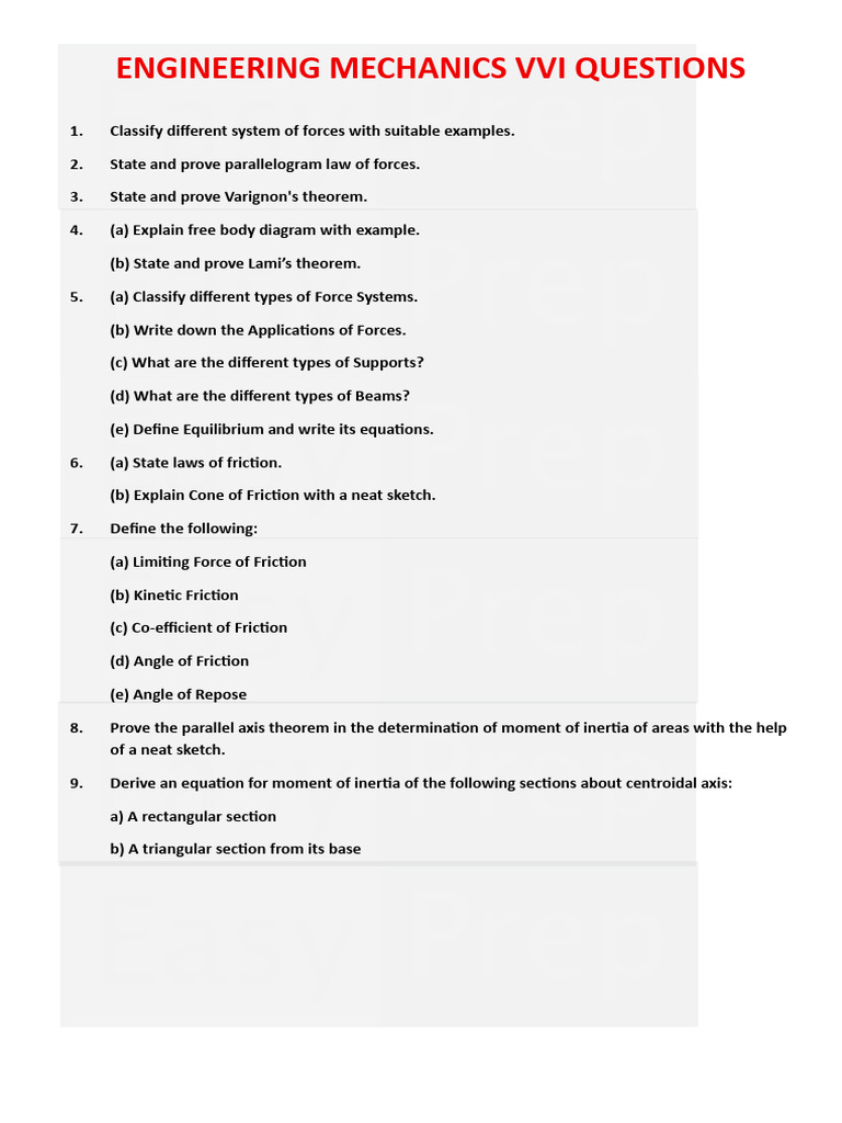 Engineering Mechanics VVI Questions Guide | PDF