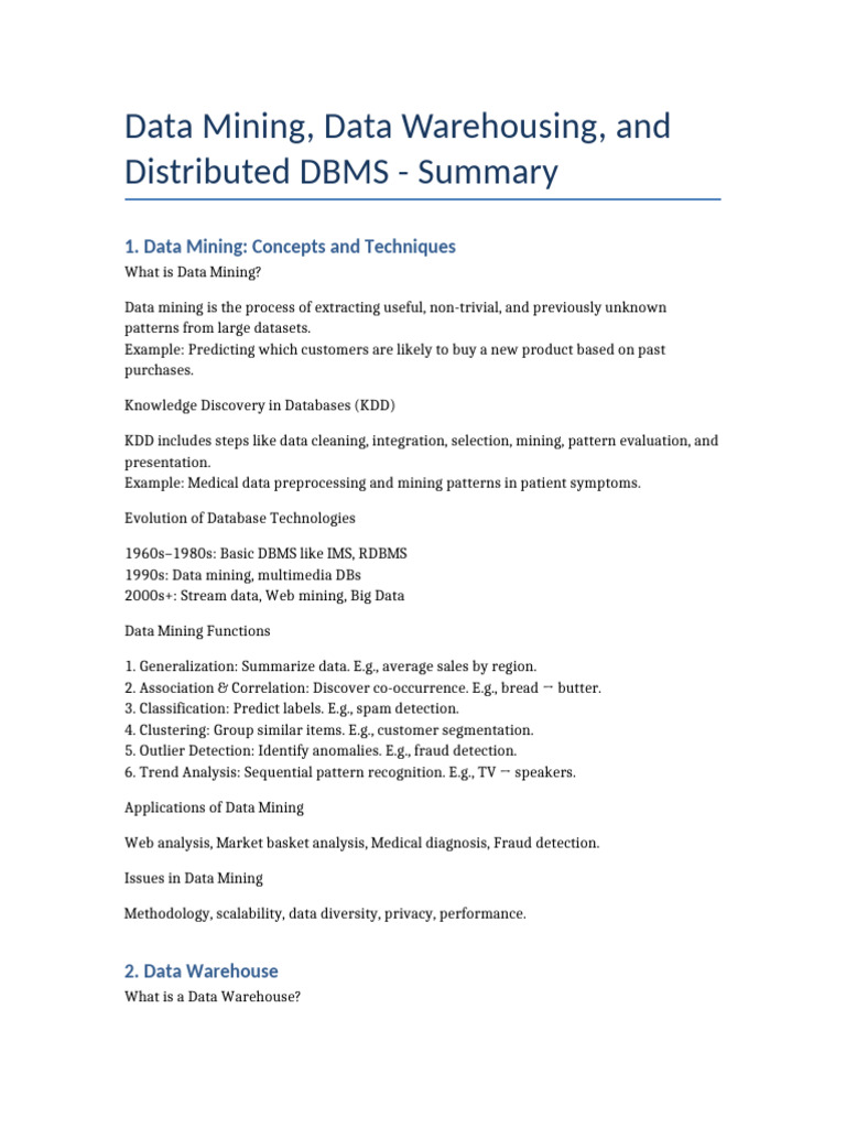 Data Mining Warehousing DistributedDBMS Summary | PDF | Data Warehouse | Data Mining