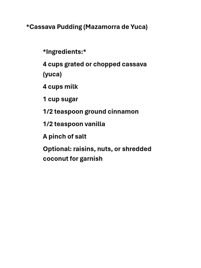 Cassava Pudding Recipe (Mazamorra de Yuca) | PDF