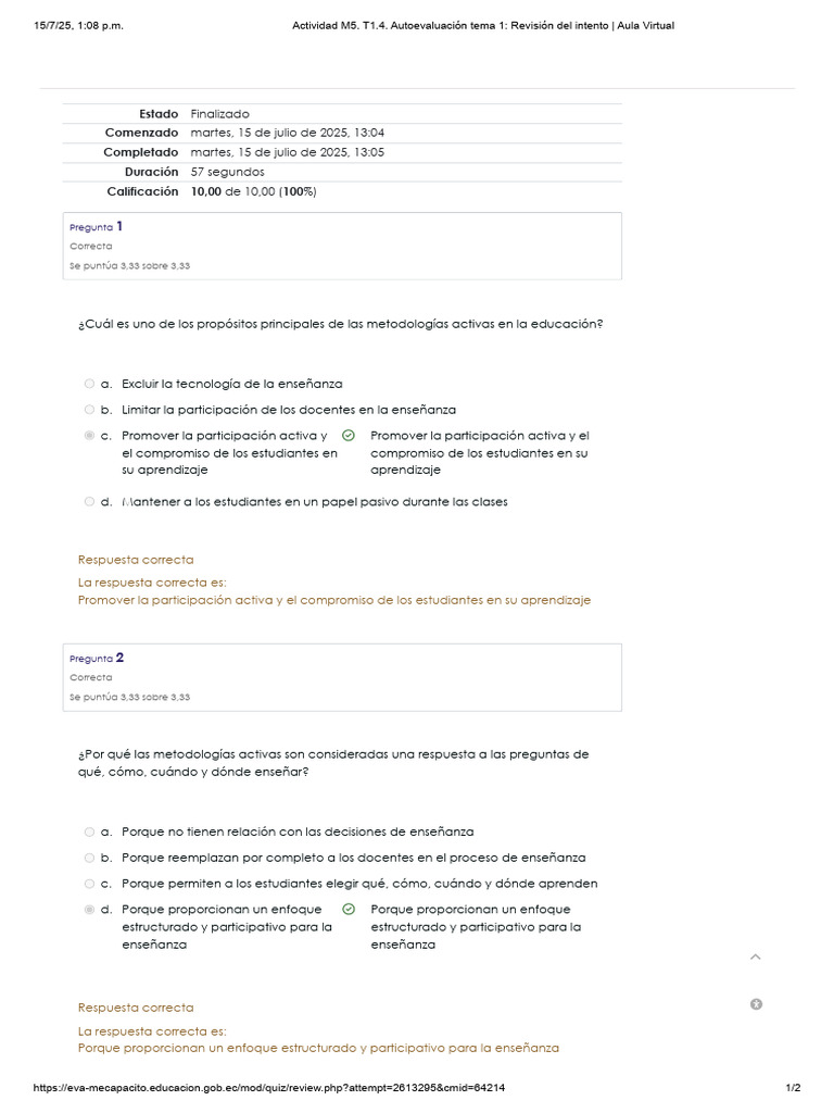 Actividad M5. T1.4. Autoevaluación Tema 1 - Revisión Del Intento - Aula Virtual | PDF ...
