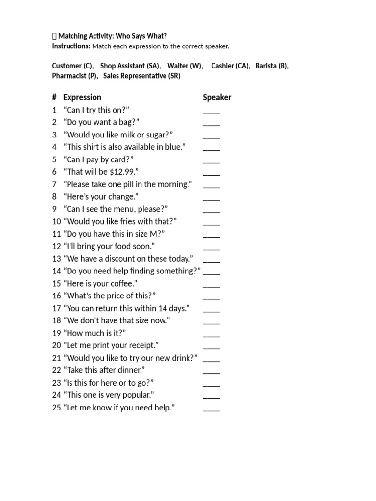 ? Matching Activity Phrases People | PDF