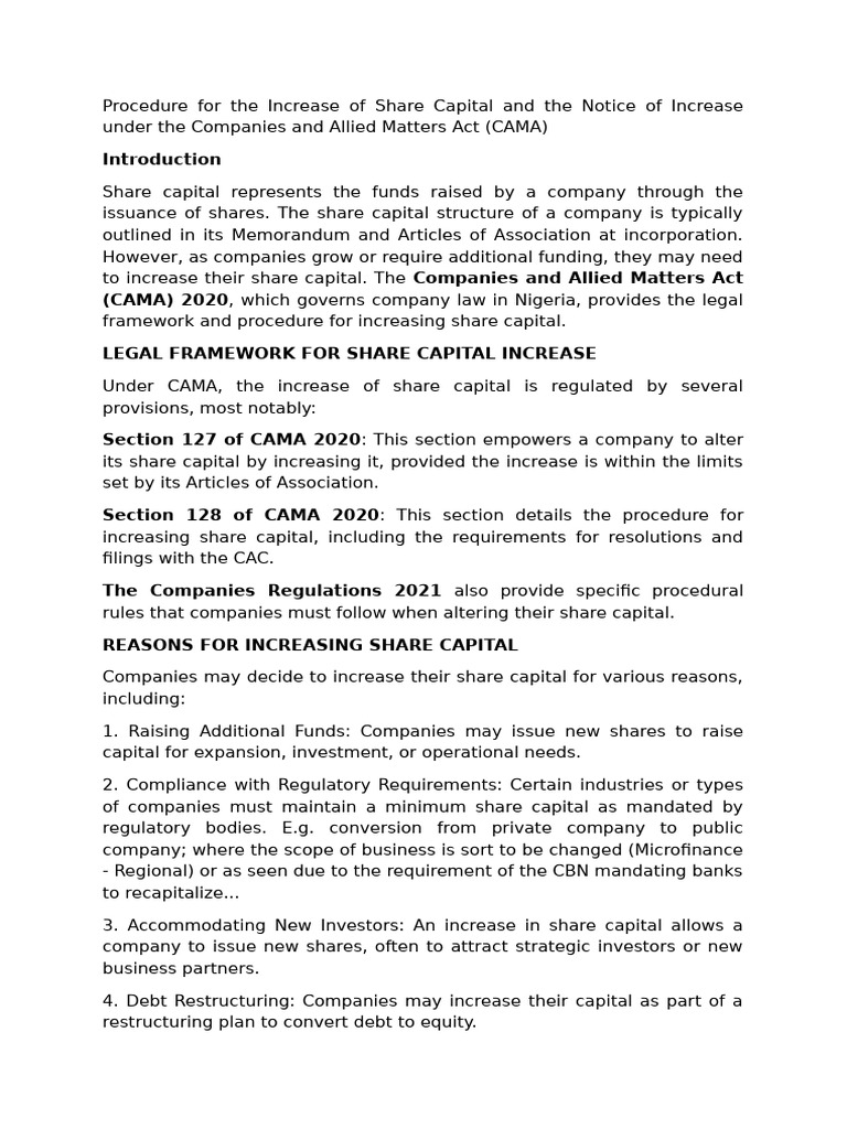 Share Capital Increase Procedure CAMA | PDF | Regulatory Compliance ...