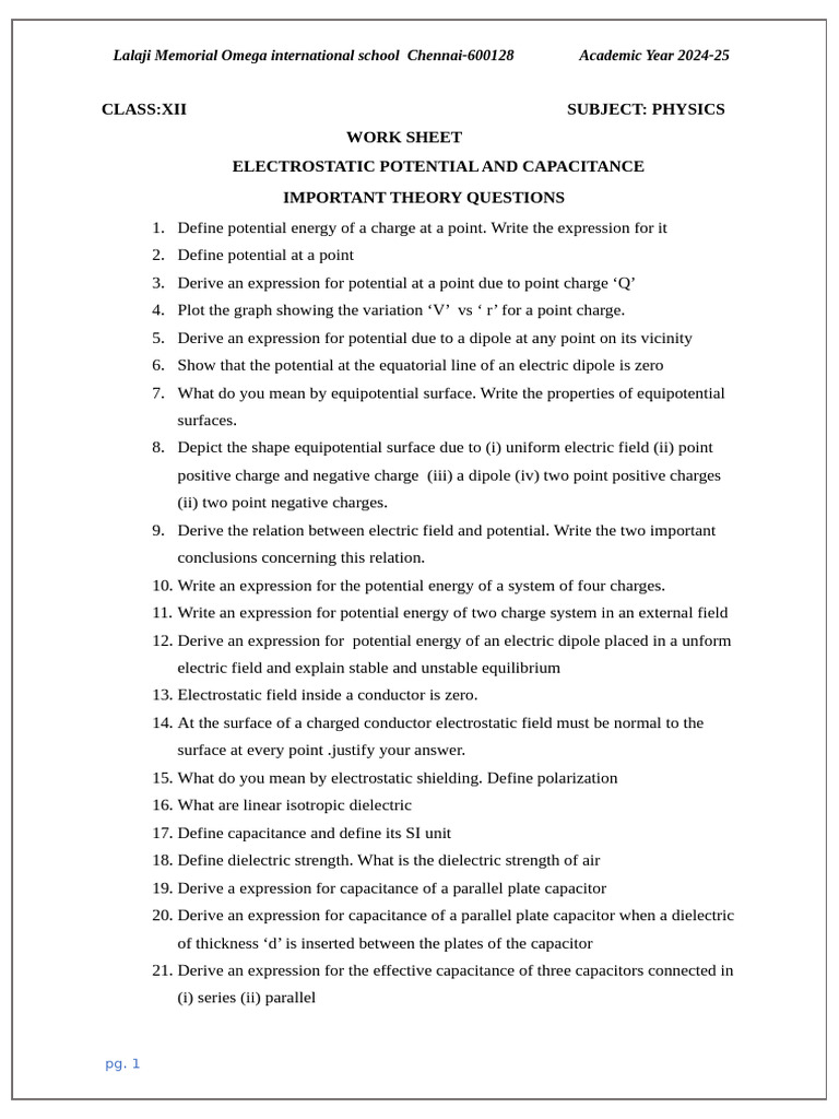 Electrostatic Potential and Capacitance Work Sheet-1 | PDF | Capacitor ...