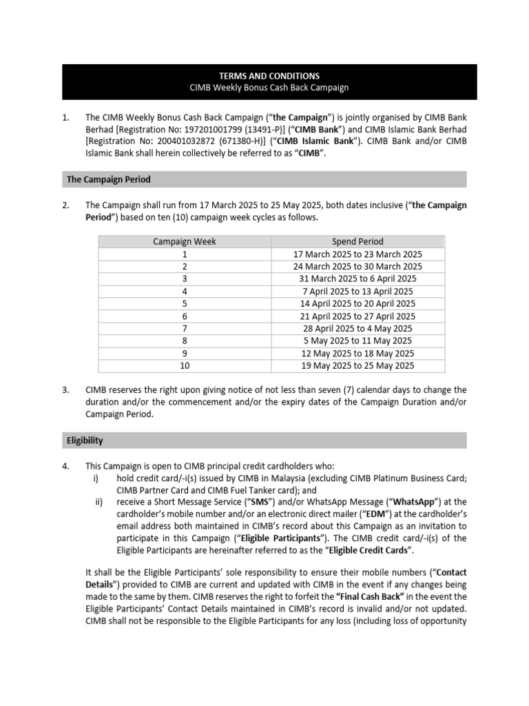 CIMB Weekly Cash Back Campaign 2025 | PDF | Credit Card | Cash