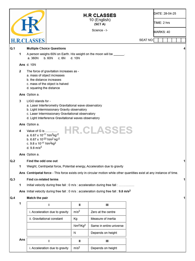 1747225035science I (Gravitation) - Set A - Answer Key | PDF | Newton's ...