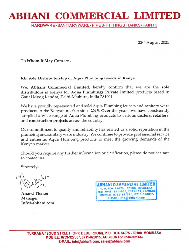 Letter Sole Distributor Abhani of Aqua | PDF
