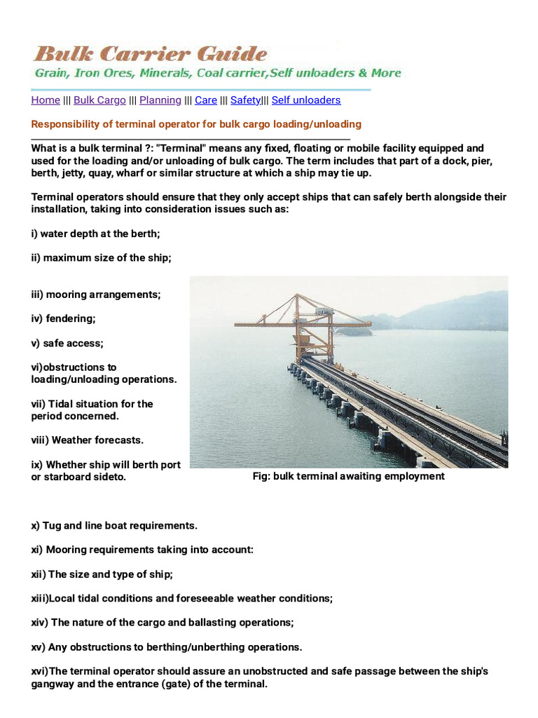 Responsibility of Terminal Operator For Bulk Cargo Loading - Unloading | PDF | Cargo | Ships