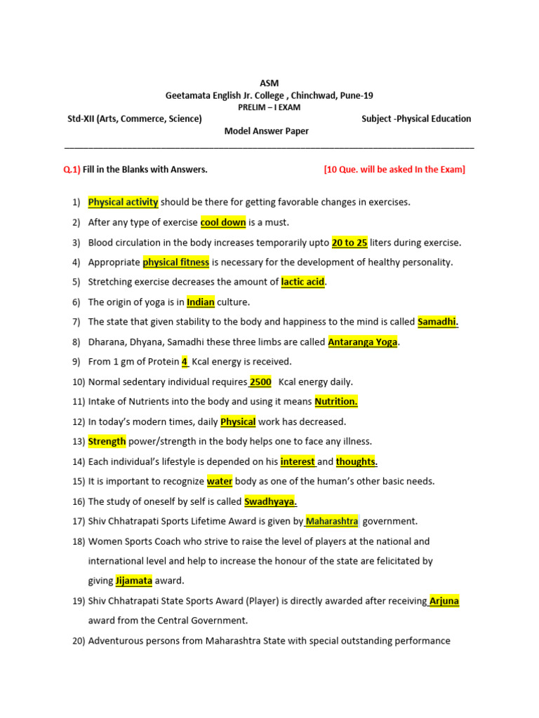 Physical Education Model Answers | PDF | Sports
