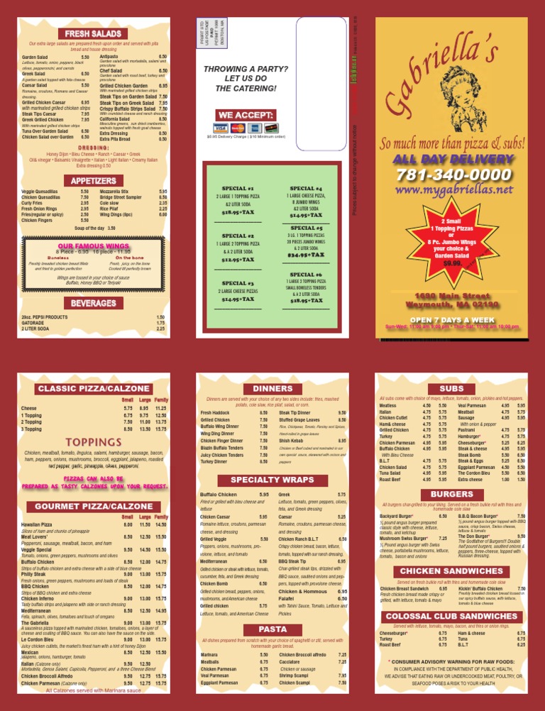 Gabriella's Pizza Menu | PDF | Salad | Hamburgers