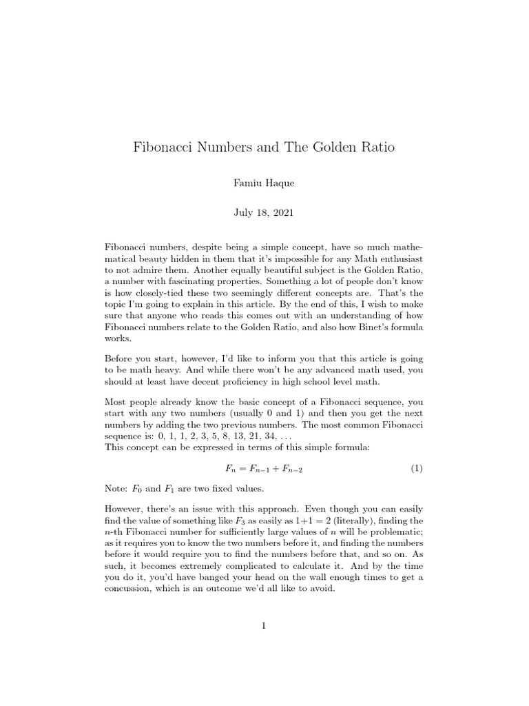 Fibonacci Numbers and Golden Ratio Link | PDF | Sequence | Square Root