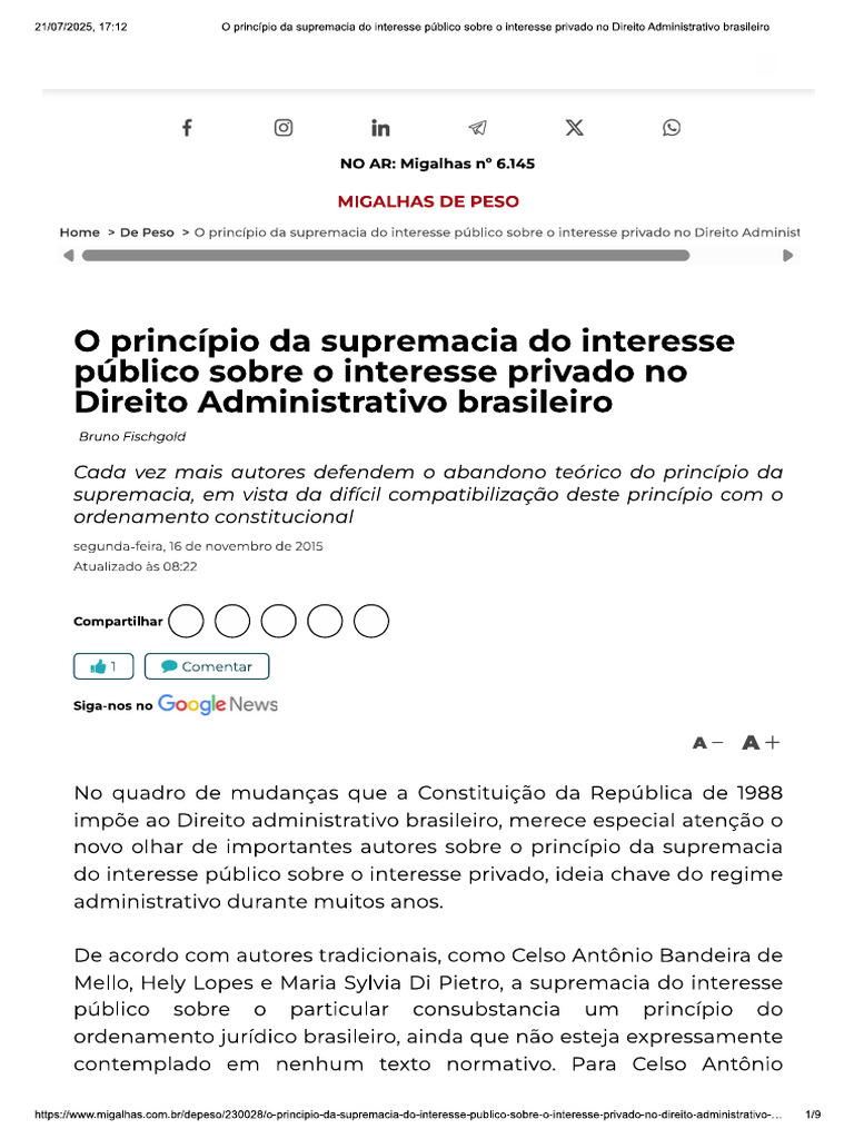 O Princípio Da Supremacia Do Interesse Público Sobre o Interesse ...