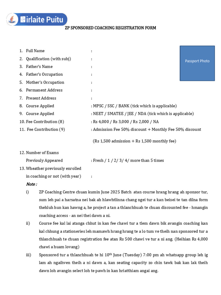 ZP Sponsored Coaching Registration Form | PDF