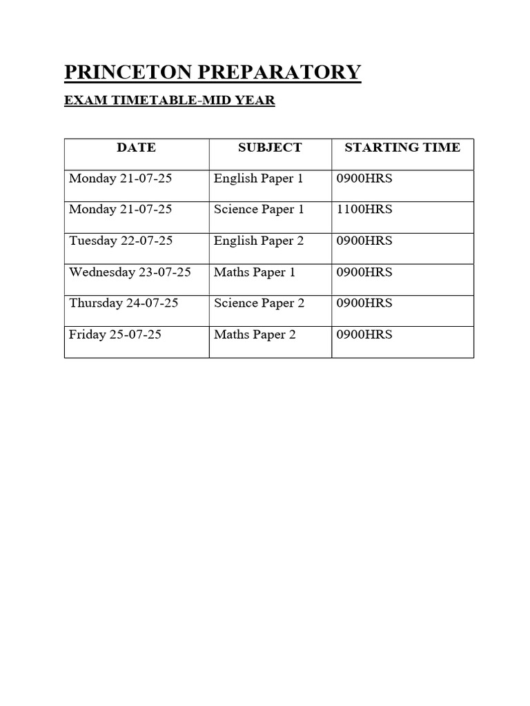 Princeton Prep Time Table | PDF