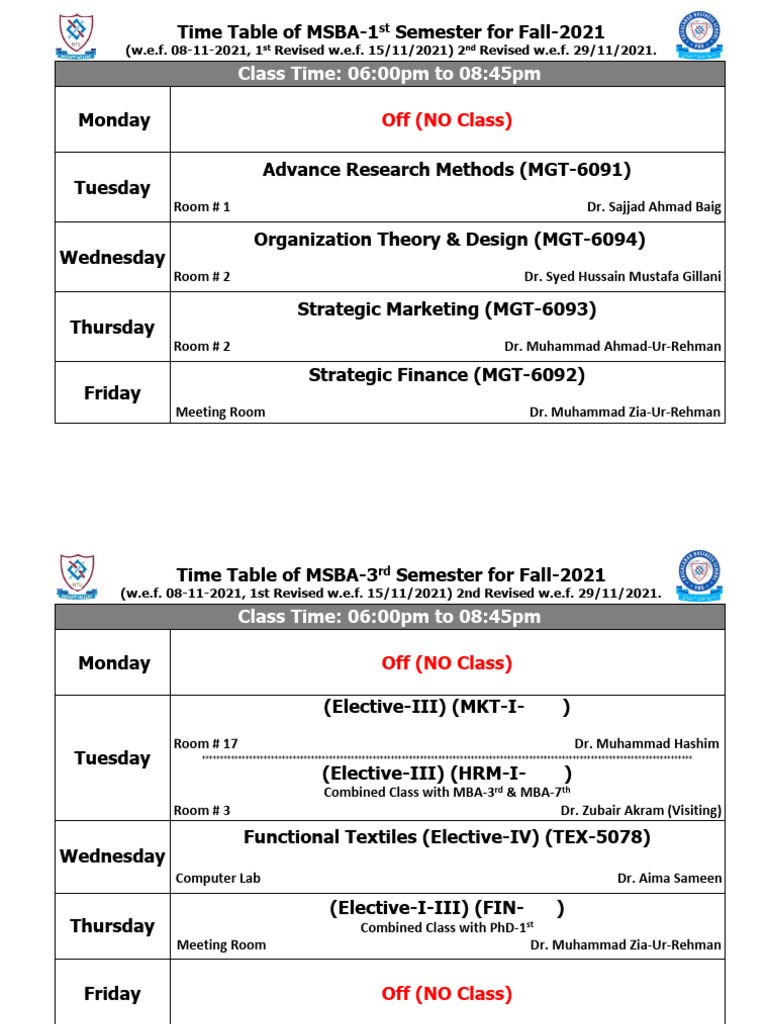Edited Time Table MBA NTU 2025-27 | PDF | Economies
