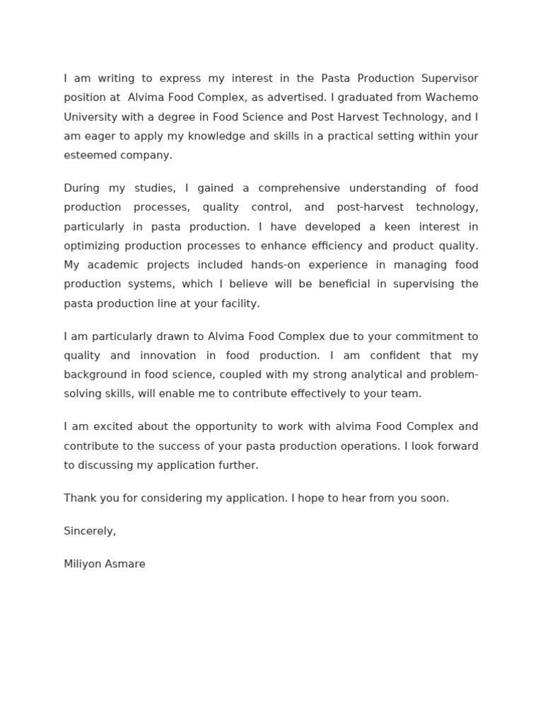 Pasta Production Supervisor Application | PDF