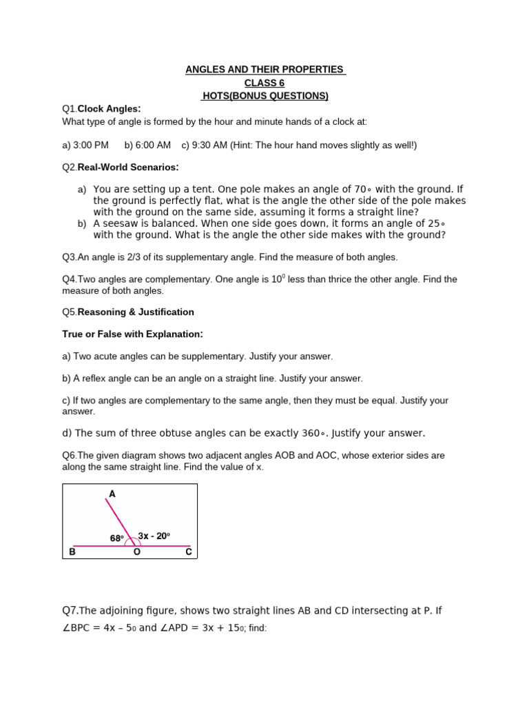 Angles and Their Properties Class 6 Hots | PDF