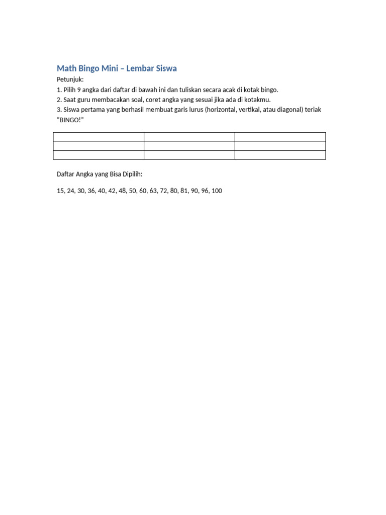 Lembar Aktivitas Bingo Dan Estafet Matematika Pdf