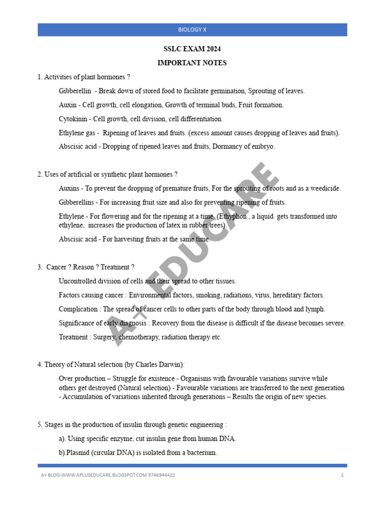 Biology X Important Notes for SSLC 2024 | PDF | Plant Hormone | Plasmid